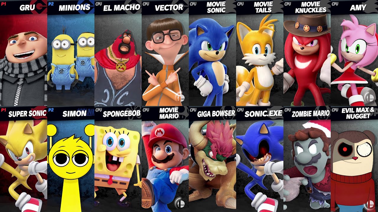 Super Sonic vs Mario vs Giga Bowser vs SpongeBob | Tails vs Knuckles ...