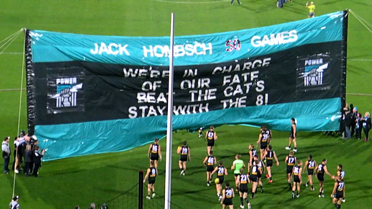 2015 AFL Rd 11 Port Adelaide run through banner vs Geelong. - YouTube