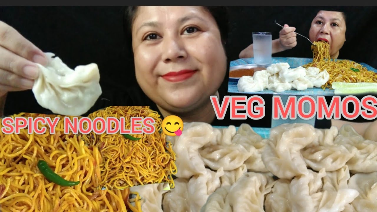 EATING SPICY VEG NOODLES AND VEG MOMO MUKBANG // NOODLES AND MOMO EATING SHOW - YouTube