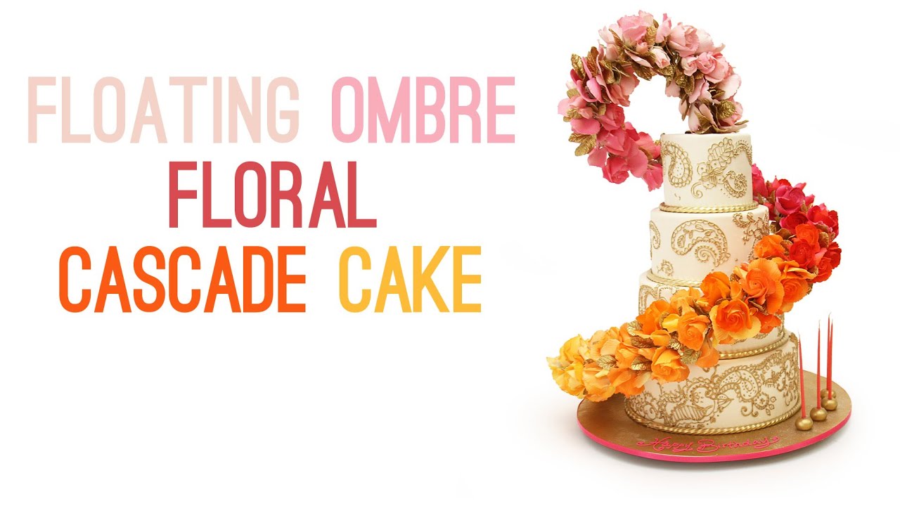 Floating Ombré Floral Cascade Cake with Henna Design - YouTube