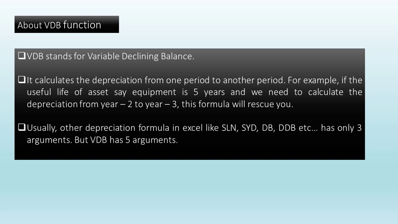VDB - Variable Declining Balance method of Depreciation. Financial excel formula - YouTube