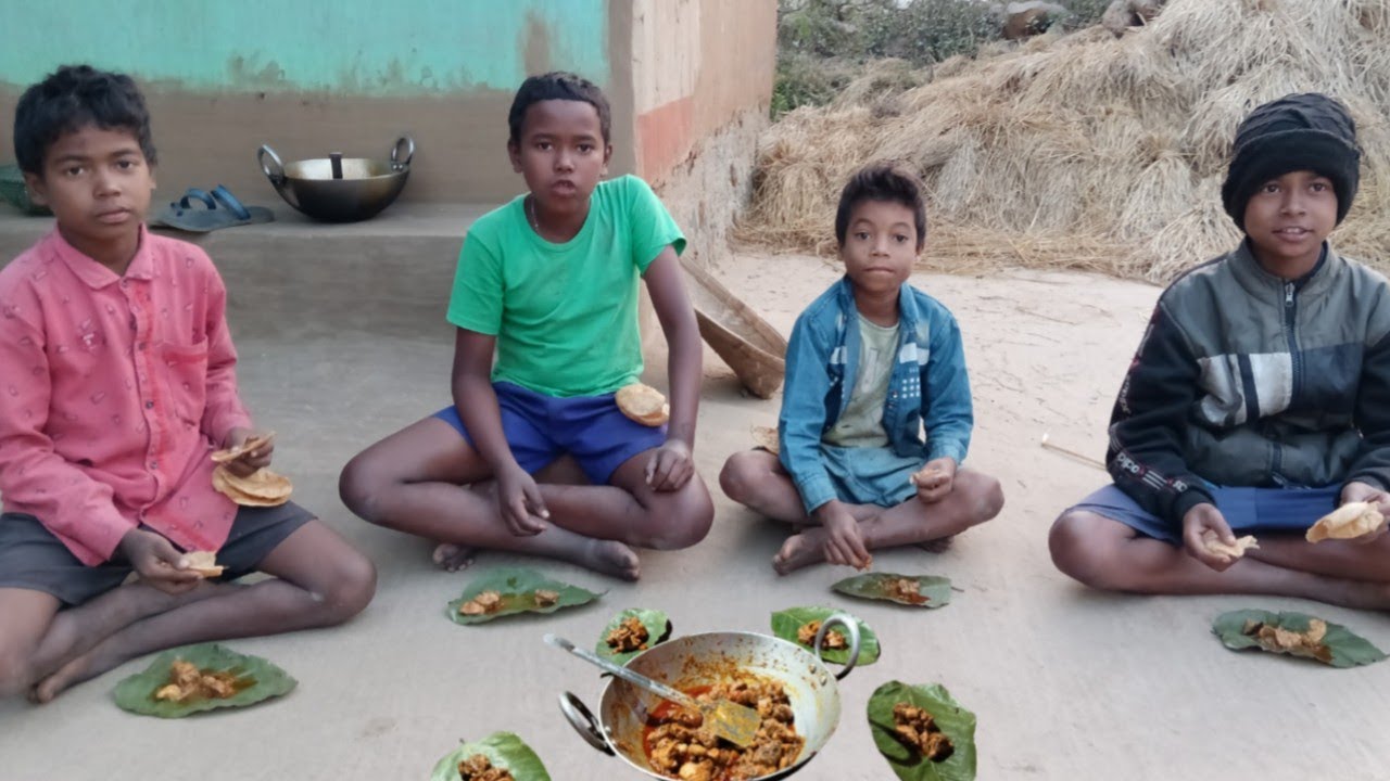 Chicken curry eating with puri by our ho tribe children || chicken ...