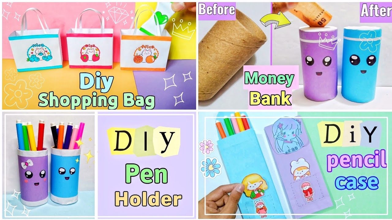 4 Amazing Paper Crafts l Shopping bags,Money bank,Pencil case,Pen ...