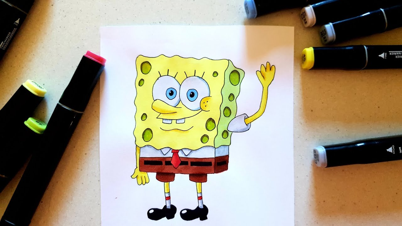 Easy Spongebob Drawing - done with VALLTENG alcohol markers - YouTube