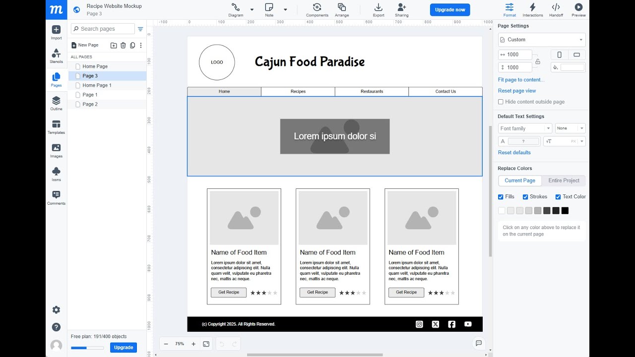 Create a Simple Website Wireframe with Moqups | Cajun Food Recipe Site ...
