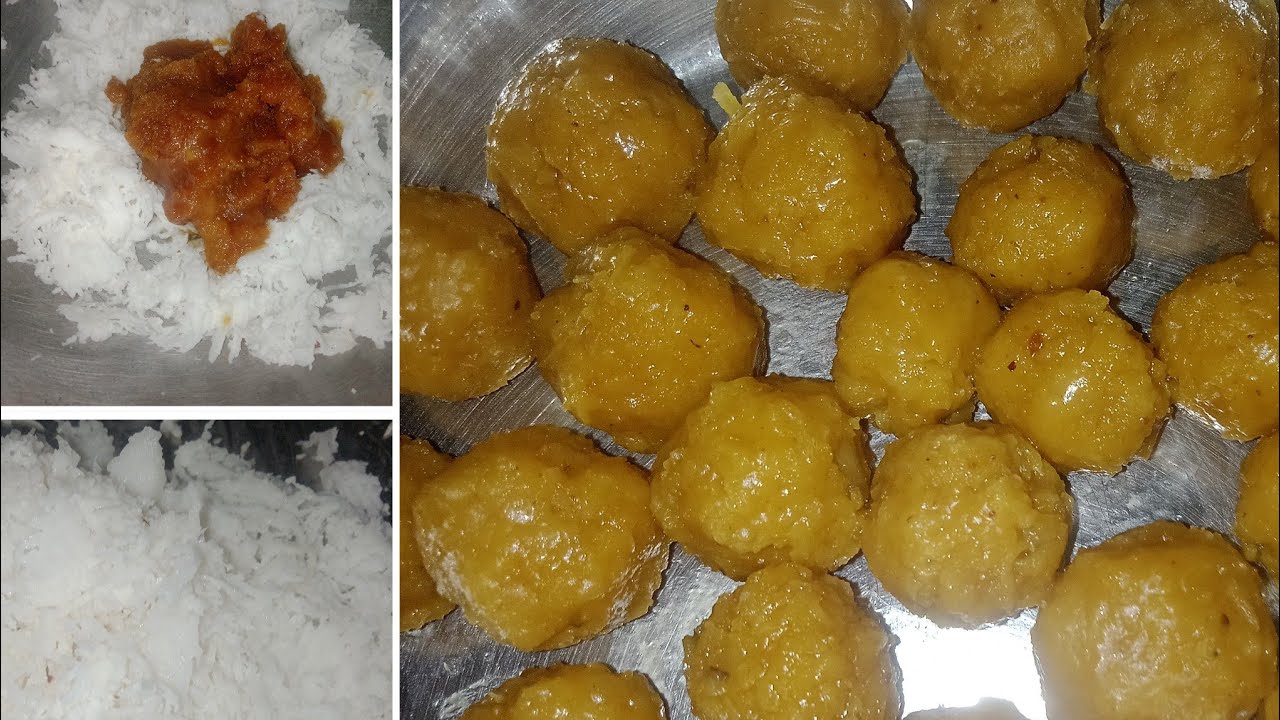 Narkel naru recipe with gur. Indian coconut confection with ladu. # ...