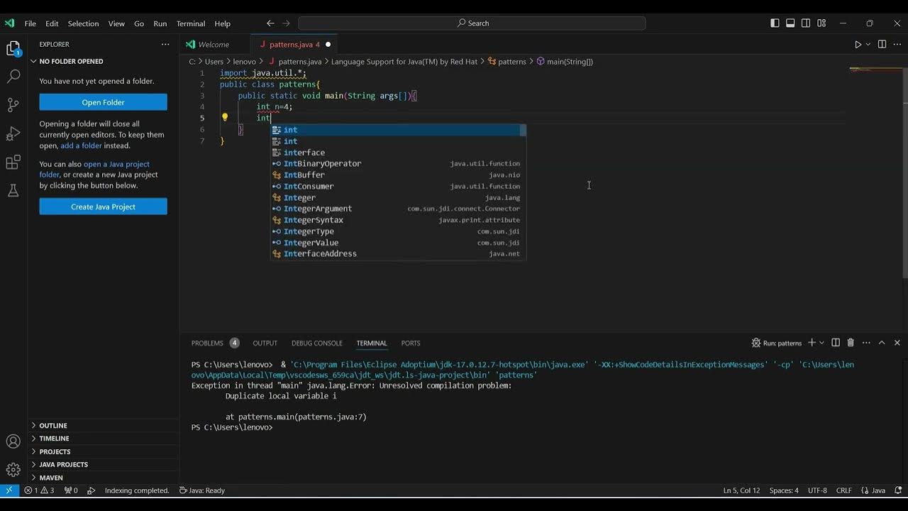 my first code in java patterns=1 - YouTube
