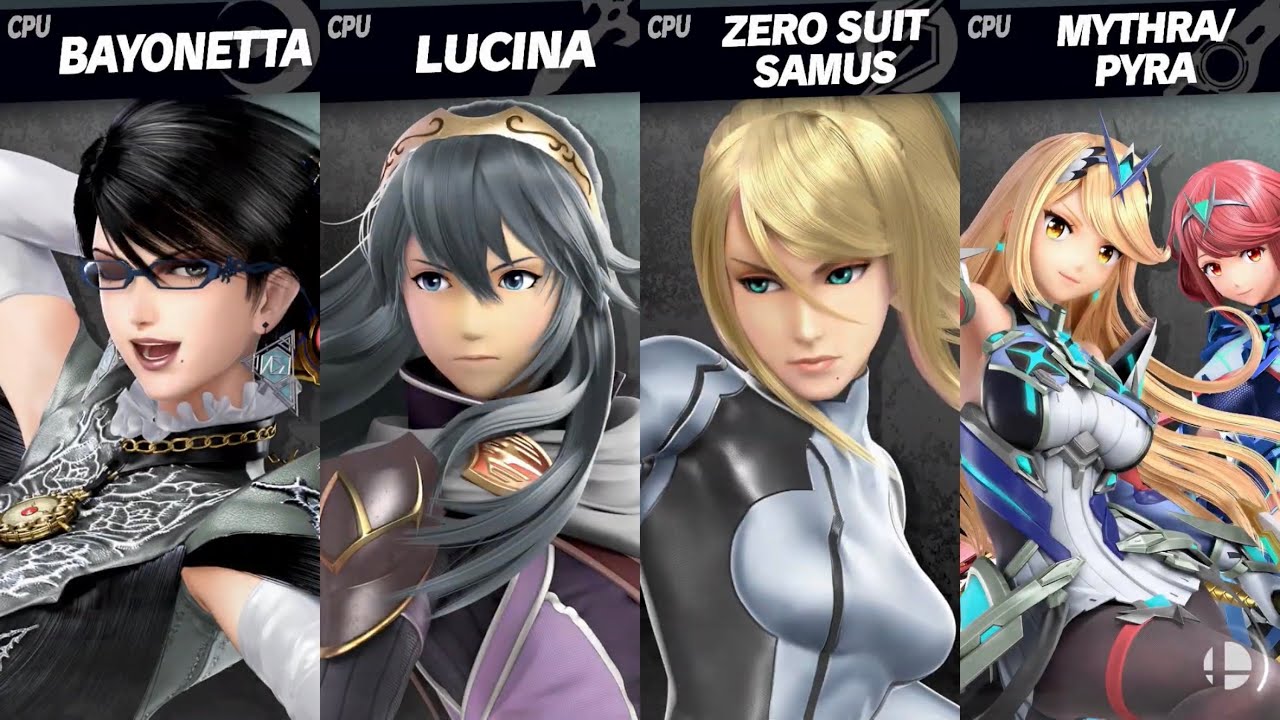 Super Smash Bros. Ultimate - Bayonetta vs Lucina vs Zero Suit Samus vs Mythra/Pyra - YouTube