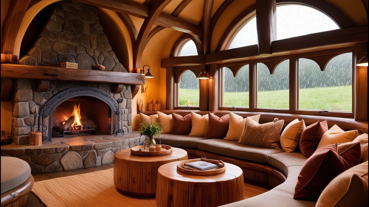 Rain & Fireplace Sounds | Warm & Cozy Hobbit Library | Sleep, Study ...