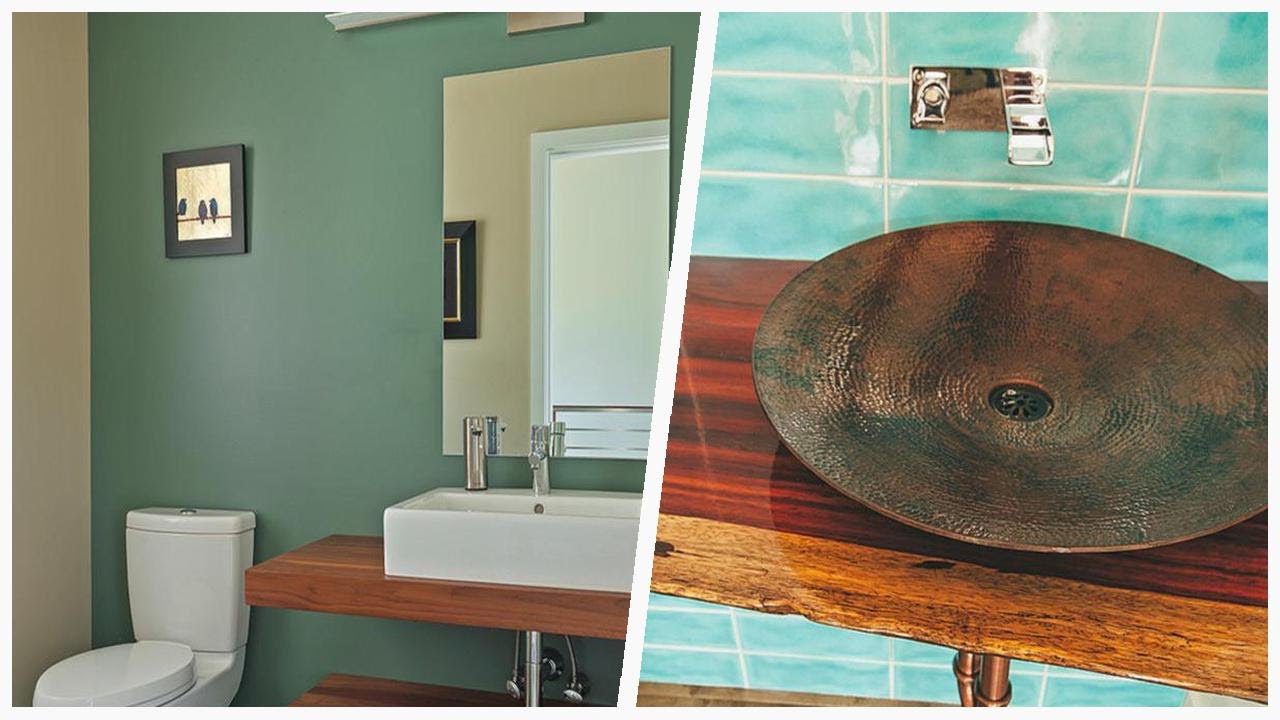 75 Turquoise Powder Room With Wood Countertops Design Ideas You'll Love ...