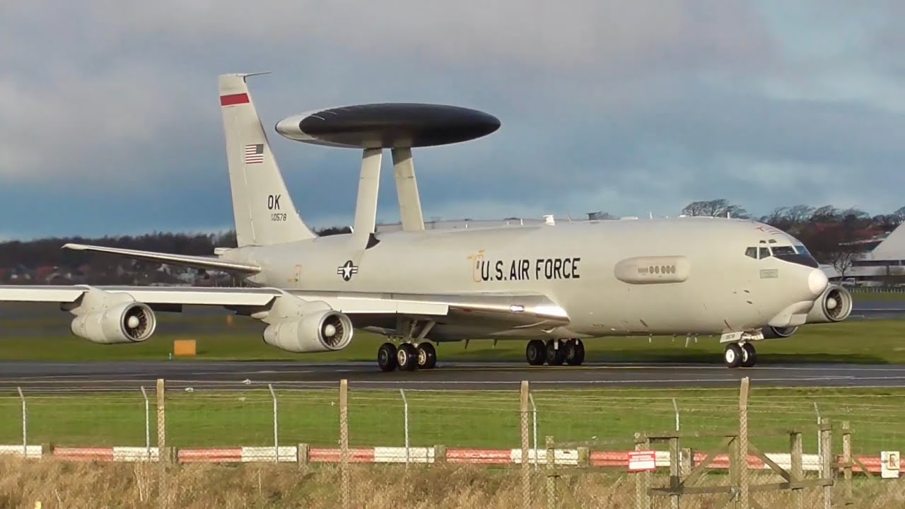 USAF Boeing E-3B Sentry takeoff from Glasgow Prestwick Airport, PIK ...