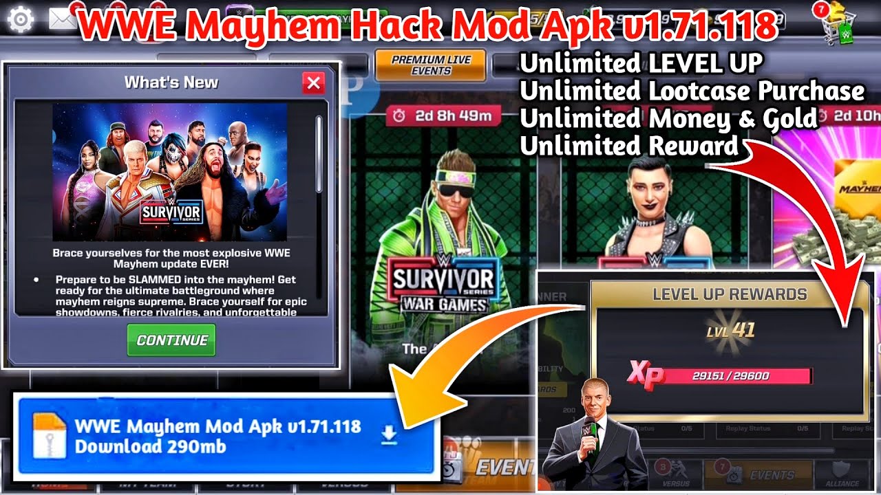 WWE Mayhem Mod Apk v1.71.118 Unlimited Level Up | WWE Mayhem Survivor ...