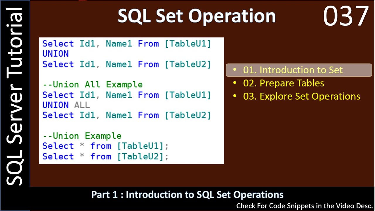 Sql Set Operators Part 1 Introduction Ssms Tsql Tutorial 37