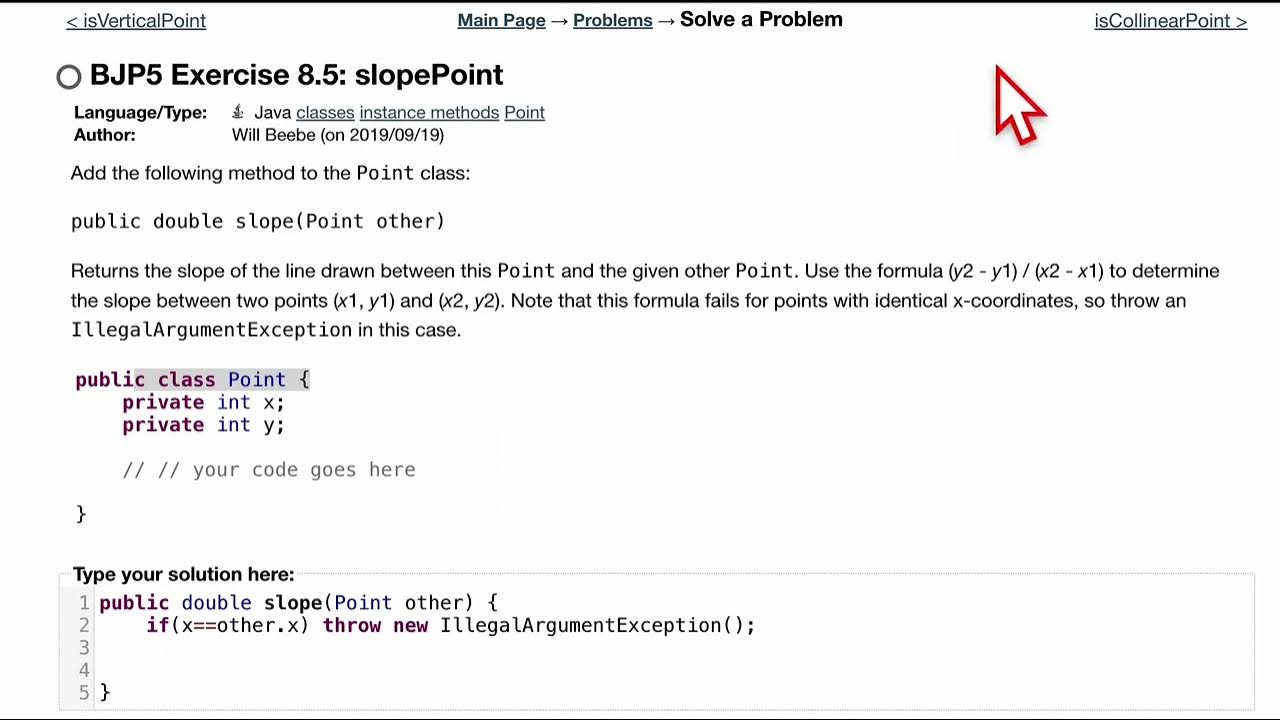 Java Practice It | Exercise 8.5 slopePoint | classes, instance methods, Point, casting - YouTube