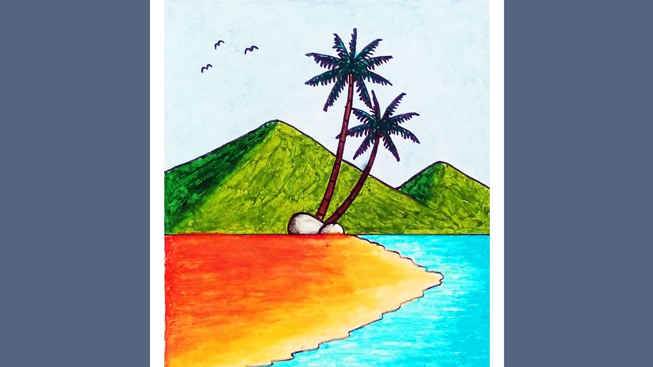 Drawing beutiful beach and mountain scenery for beginners | How To Draw ...