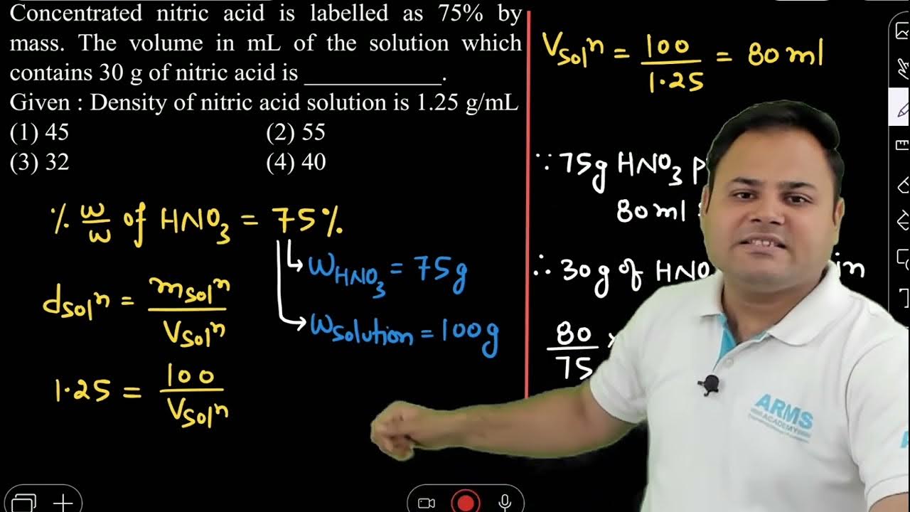 Concentrated nitric acid is labelled as 75% by mass. The volume in mL of the solution which ...