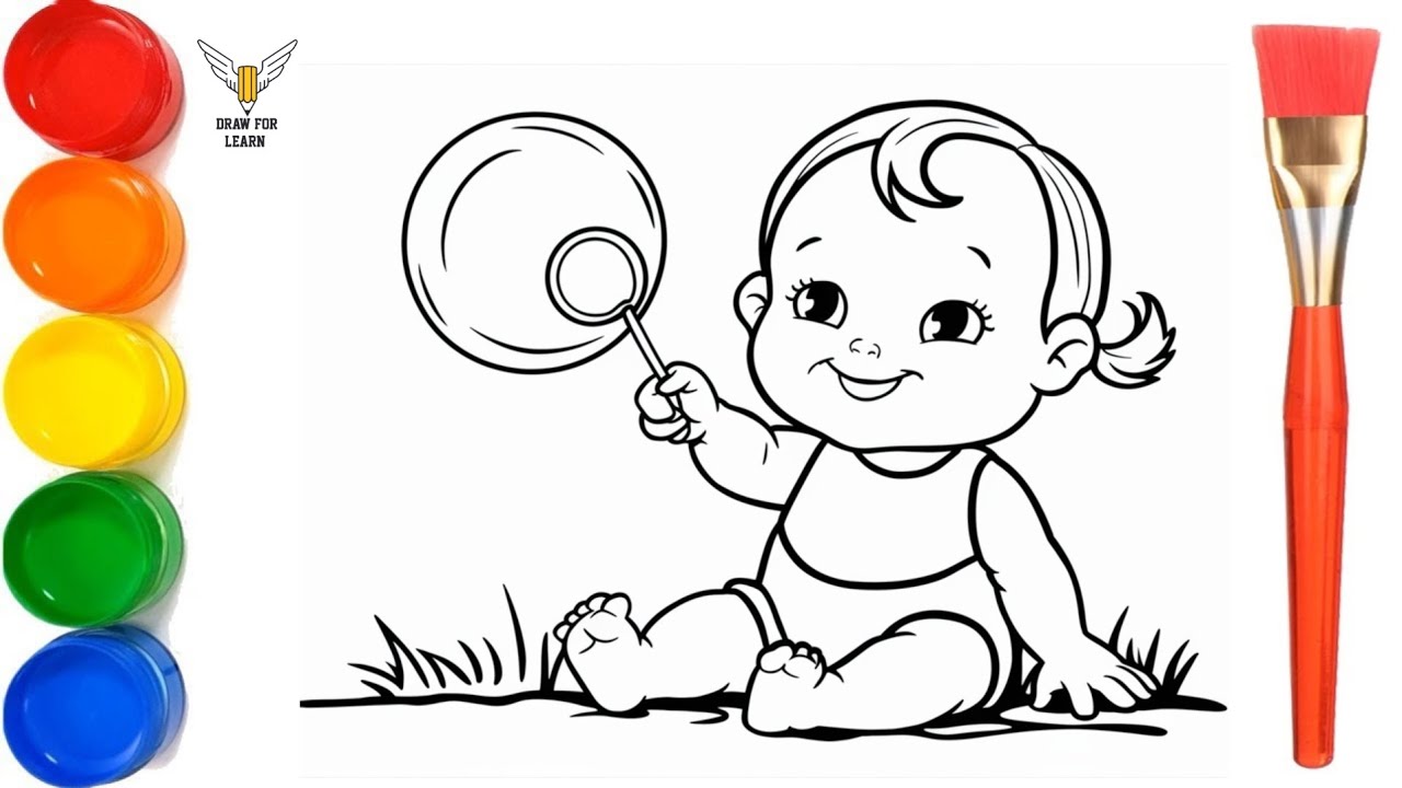 dHow to Draw baby girl playing drawing, Painting and Coloring for Kids ...