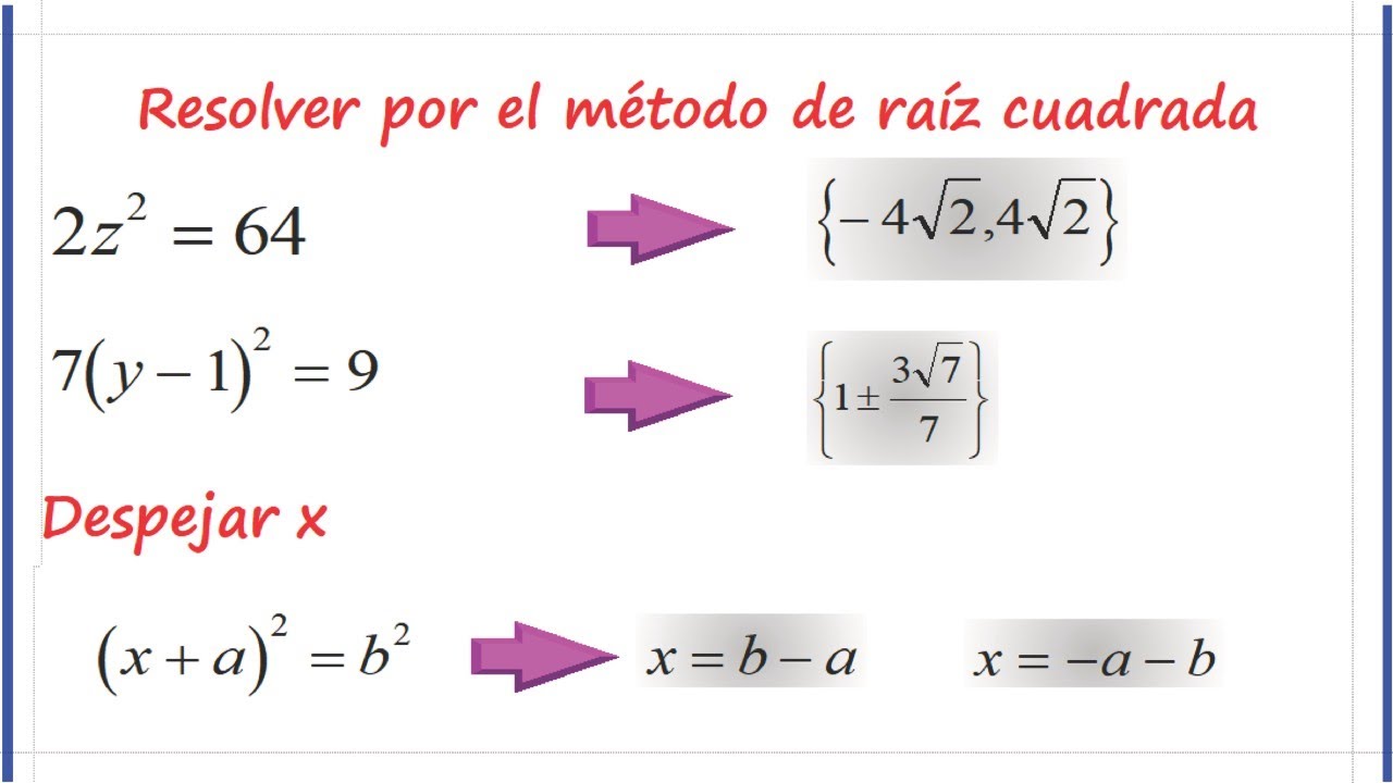 Resolver ecuación cuadrática por el método de raíz cuadrada. Diferencia ...