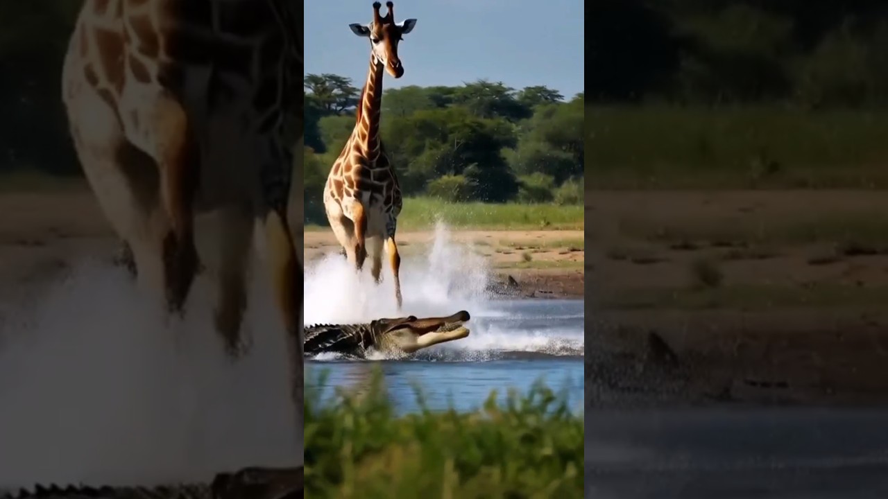 "Giraffe Escapes Crocodile Attack: A Stunning Wildlife Moment"# ...