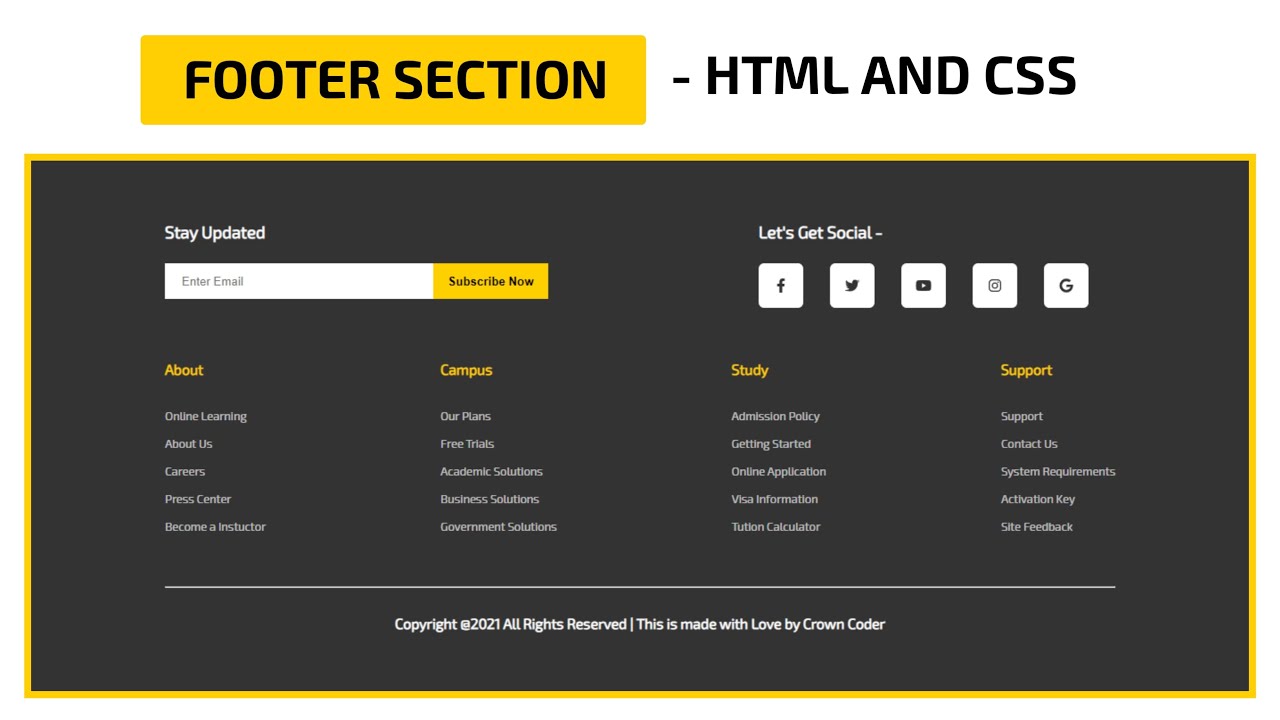 How To Create Footer Section Using Html And Css Footer Section Html Css Crown Coder Youtube
