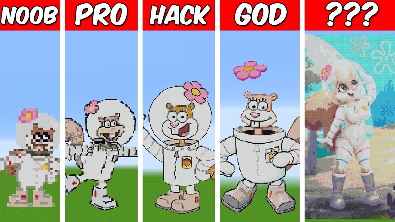 SANDY CHEEKS Pixel Art Build in Minecraft ! Noob vs Pro vs Hacker vs ...