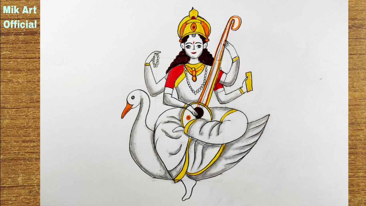 Saraswati Maa Easy Drawing (Step by step) सरस्वती माता का चित्र ...