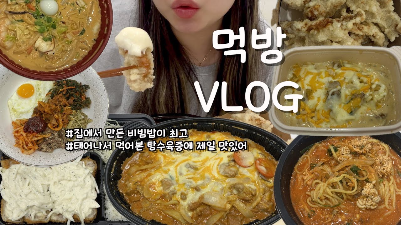 먹방브이로그 비빔밥은 역시 집에서 만들어 먹는게 제일 맛있어 🤤 치즈돈까스크림짬뽕탕수육두찜 로제찜닭비빔밥된장찌개