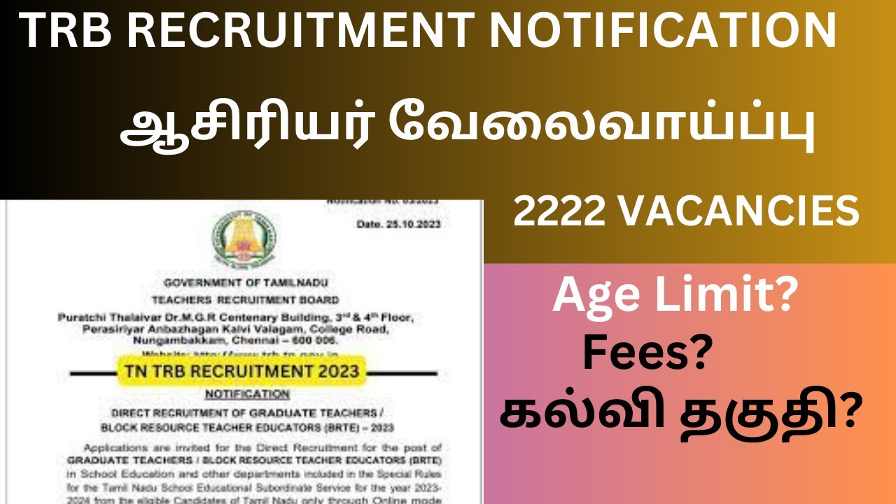 TN TRB RECRUITMENT NOTIFICATION 2222 POSTS TEACHERS RECRUITMENT ஆசிரியர் வேலை வாய்ப்பு IN TAMIL ...