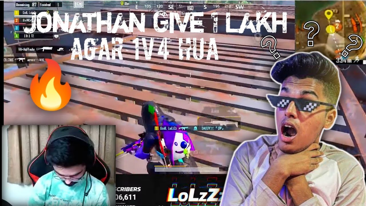 Jonathan Give 1 Lakh To @LoLzZz Gaming ||Agar 1V4 Hua 🤯#bgmi #shorts #jonathan #lolzzzgaming ...