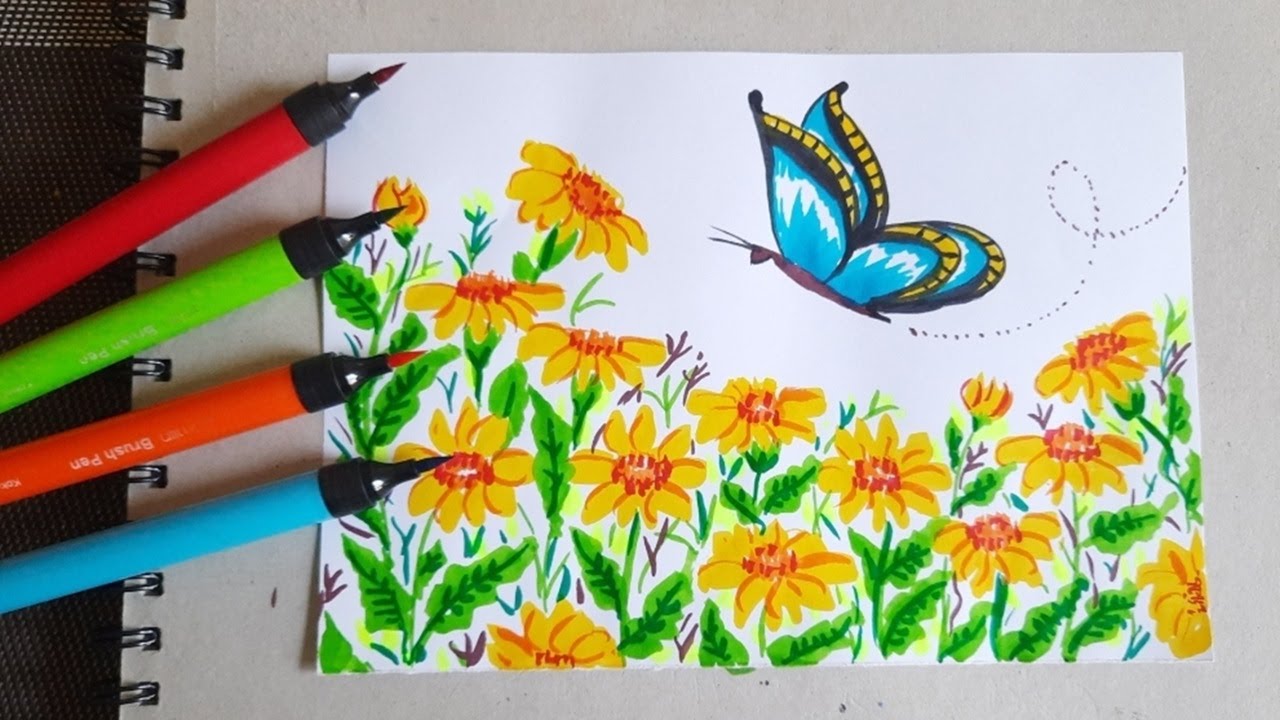 Spring season drawing | Brush pen drawing | Butterfly & flower garden ...