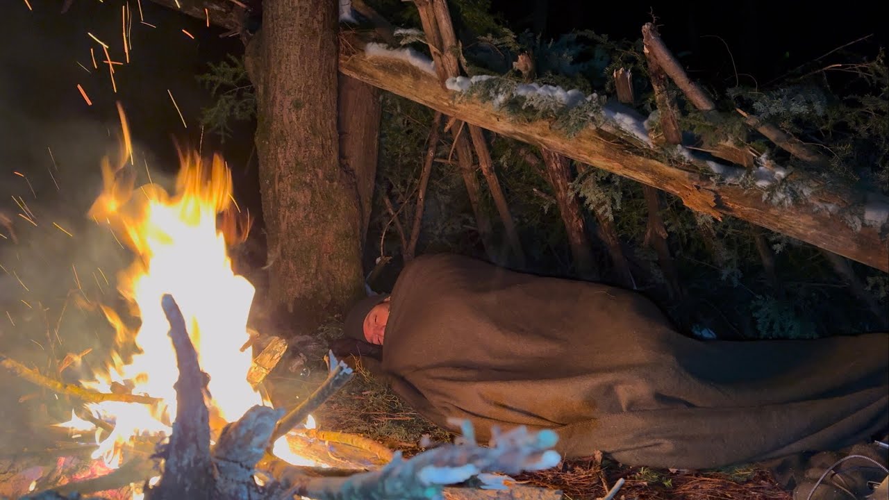 Solo Winter Survival Camping In A Primitive Shelter with ONLY A Wool ...