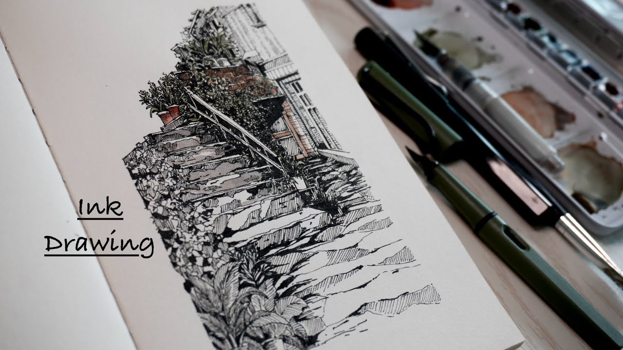 Ink drawing with fountain pen| urban sketching in sketchbook - YouTube