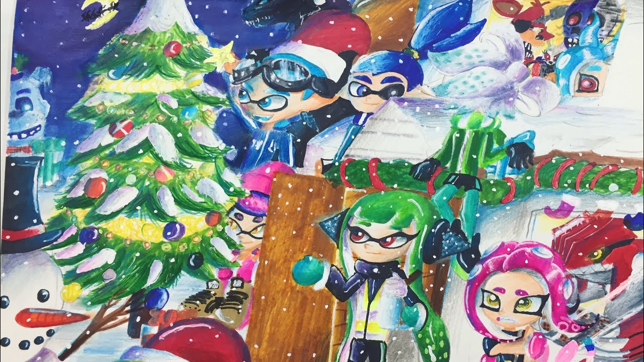 A snowy Christmas drawing (Splatoon + Fnaf + Godzilla + Pokémon) - YouTube