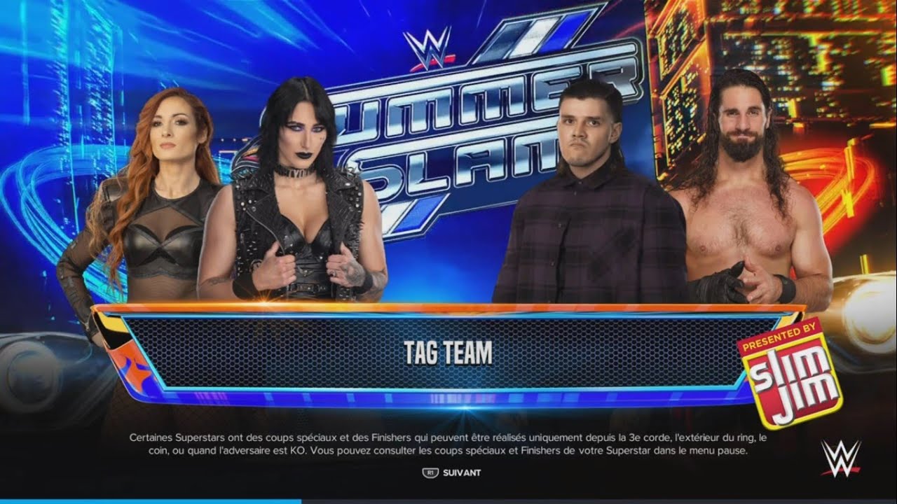 WWE2K24 intergender tag team match Becky Lynch & Rhea Ripley vs Dominik ...