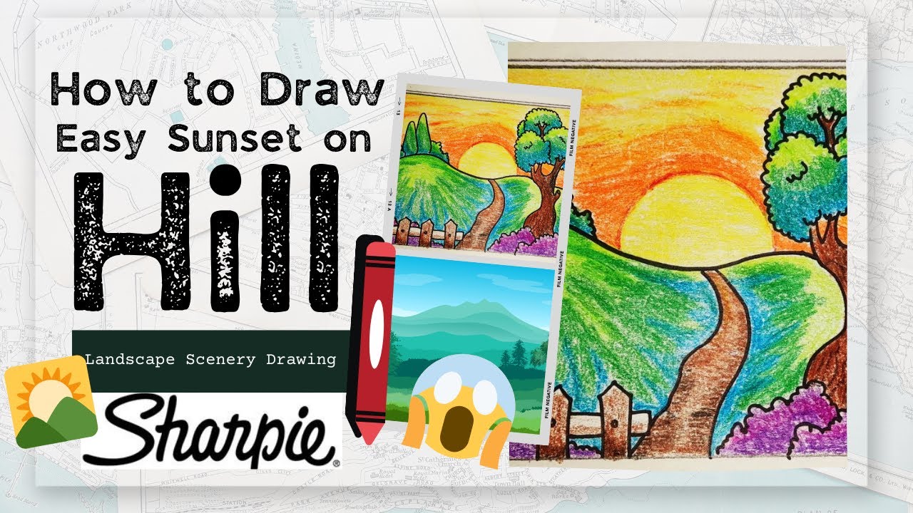How to Draw Easy Sunset on Hill Scenery Using Sharpie + Crayola | # ...