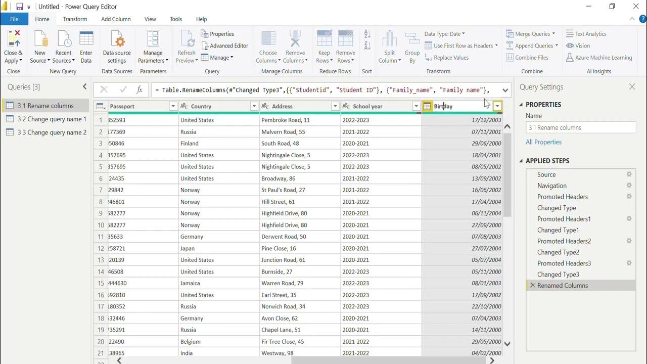 2.3 Transform - Re-name columns & queries - YouTube