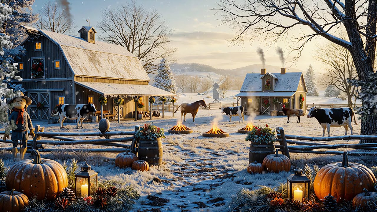 Cozy Winter Farm Morning Ambience with Bonfires & Lanterns 🎄 Peaceful ...