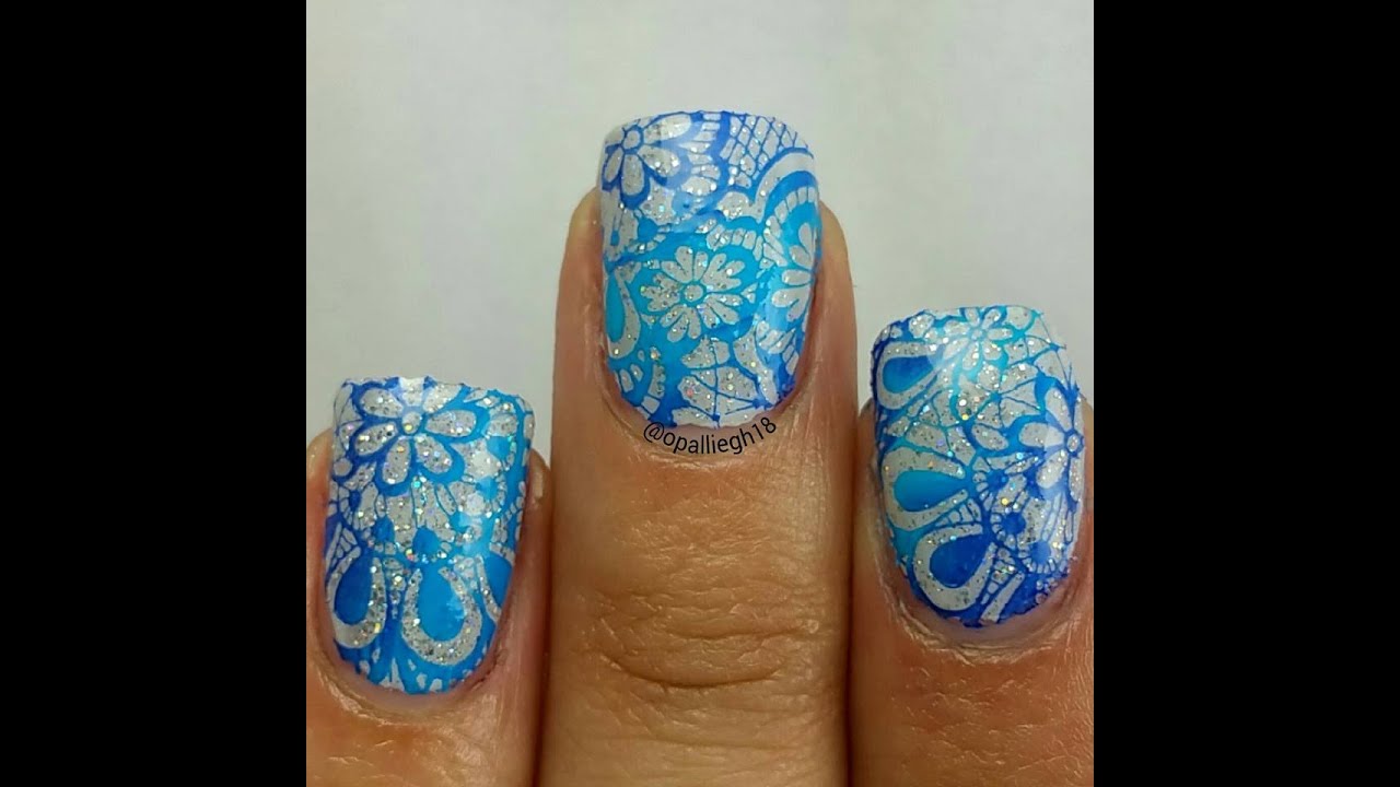 Blue Lace Nail Stamping - YouTube