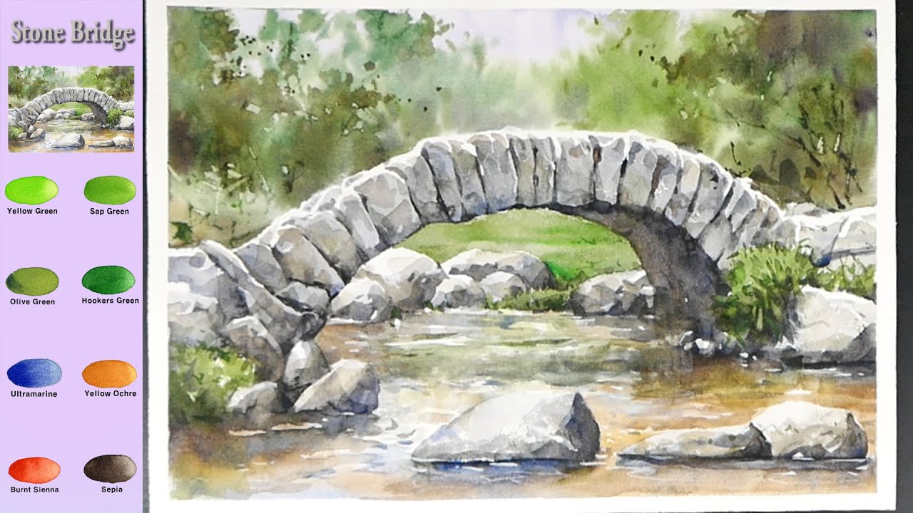 Without Sketch Landscape Watercolor - Stone Bridge (color mixing) NAMIL ...