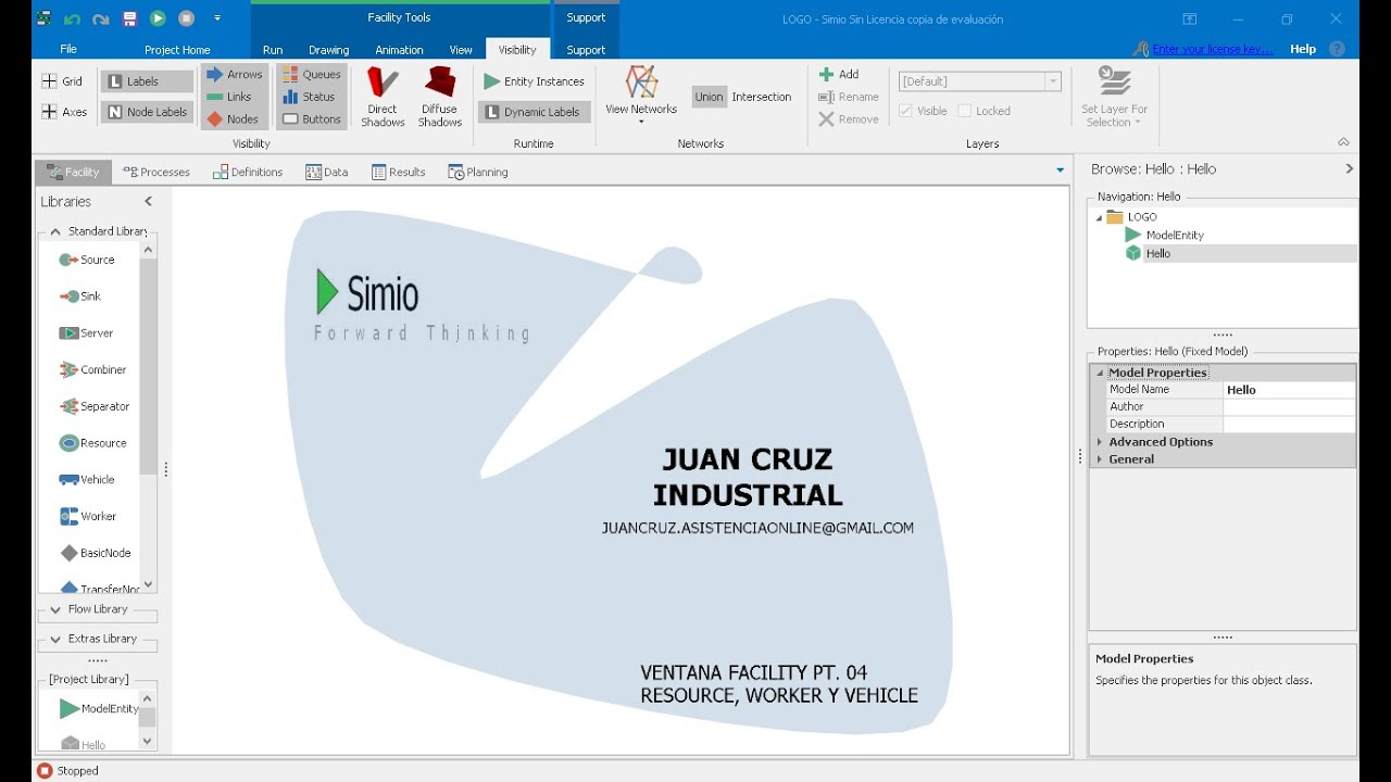 Simulación con SIMIO ventana Facility. Uso de RESOURCE, WORKER Y ...