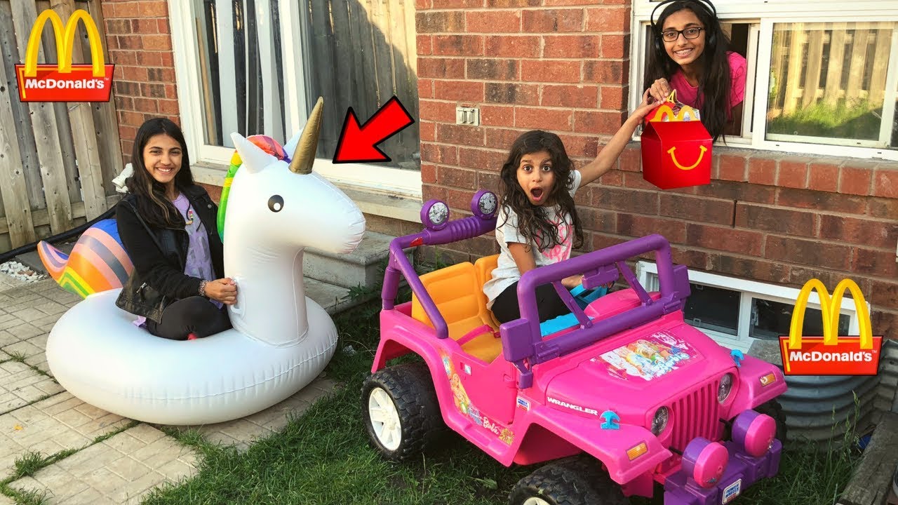 McDonalds Drive Thru Prank! inflatable Power Wheels Ride On Car Kids ...