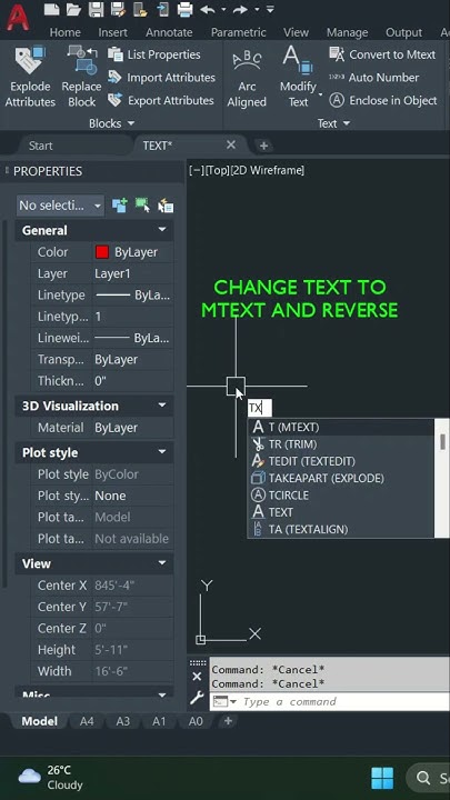 #autocad SH.11 : changing text to mtext and reverse - YouTube