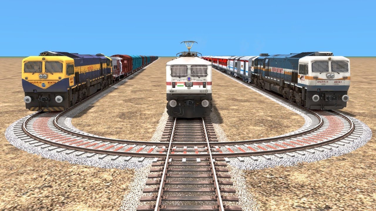 flying train in the sky !!! 3 train over the running green ground ...