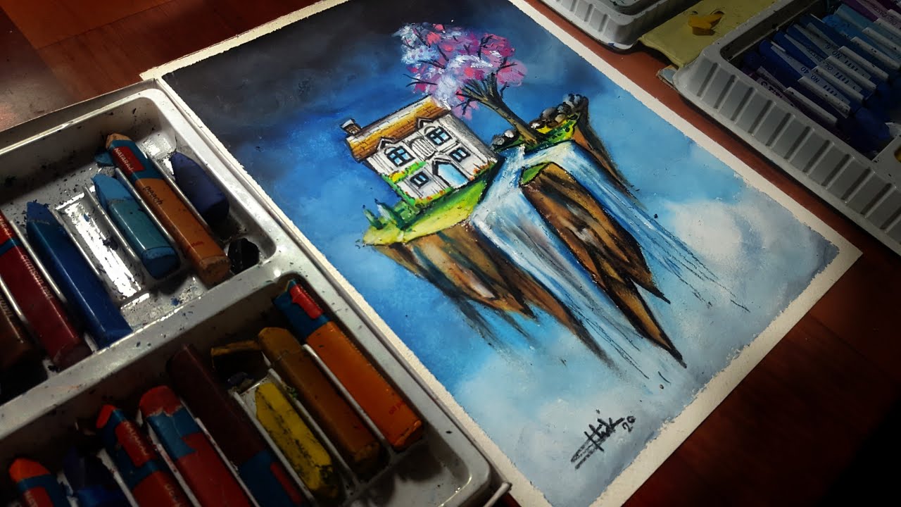 FLYING ISLAND WITH OIL PASTEL COLORS - YouTube