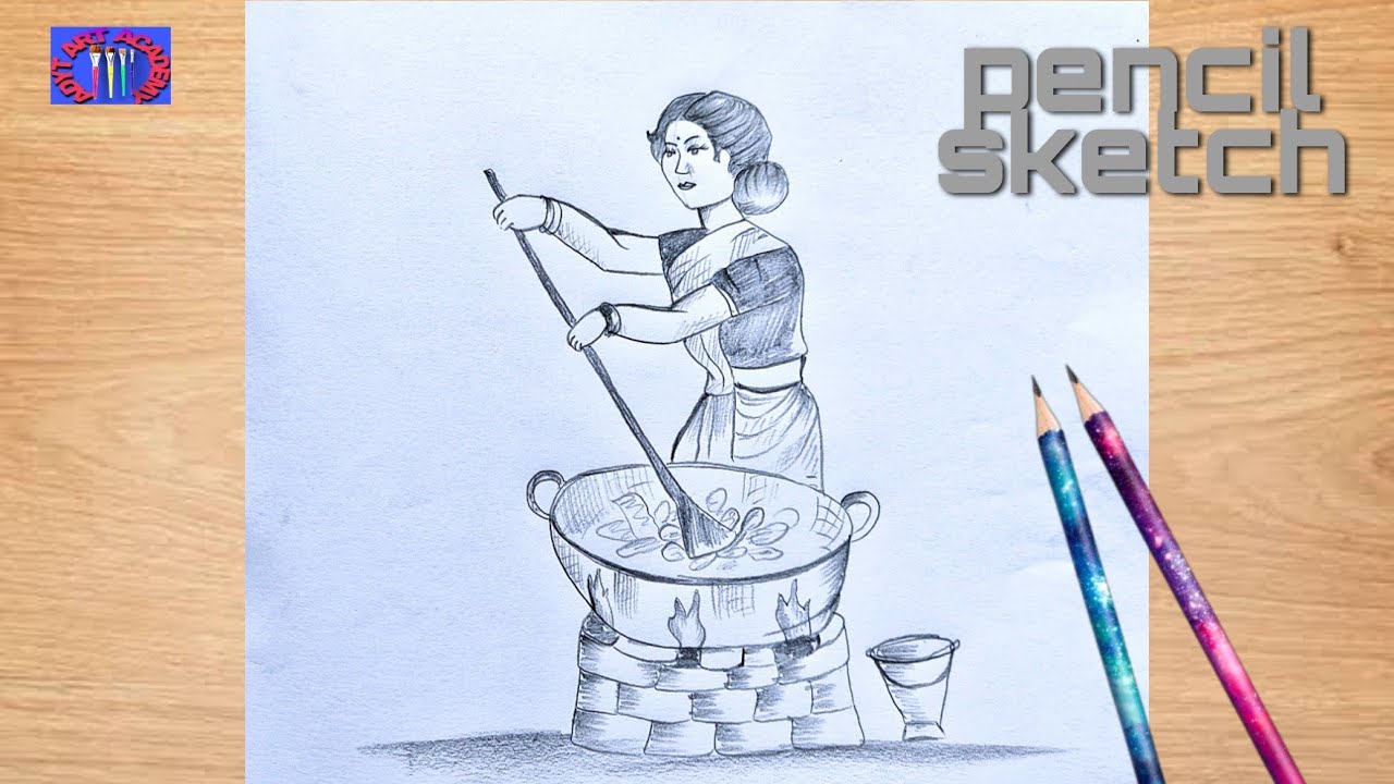 How to draw a girl cooking food || working woman drawing || girl ...