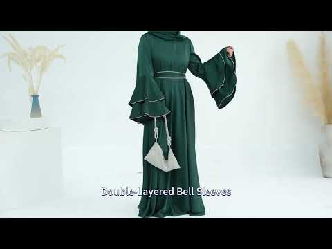 Loriya 2025 EID Ramadan Satin Abaya Women Muslim Dresses Double-Layered Bell Sleeves With Crystals