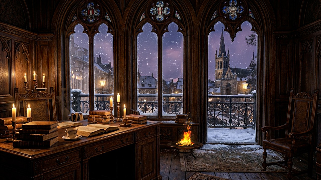 Gothic Winter Study Ambience | Fireplace, Snowfall Outside & Medieval ...