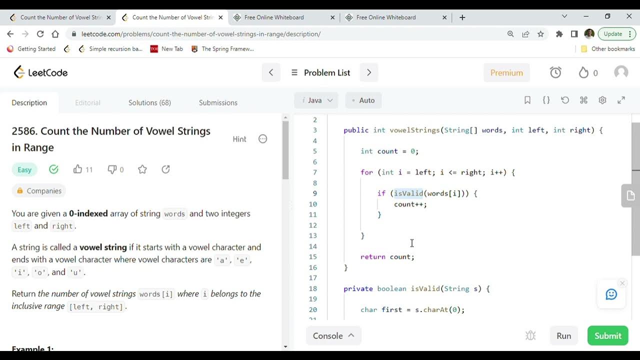 Leetcode 2586 Count the Number of Vowel Strings in Range - YouTube