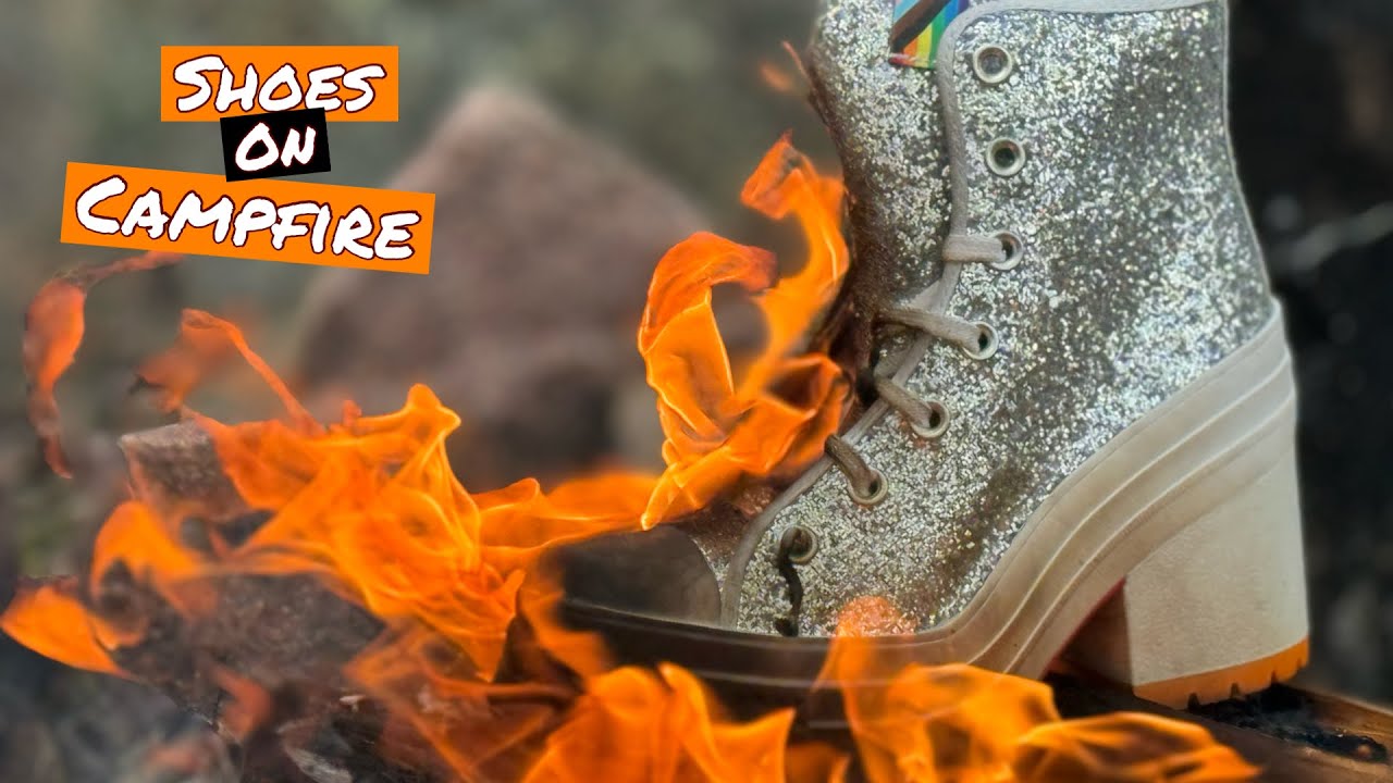 Shoes put on campfire (burning stuff) - YouTube