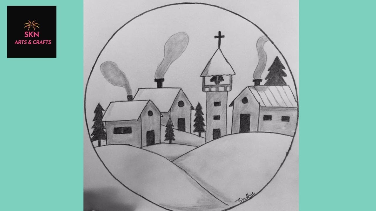 How To Draw A Winter Village Pencil Sketch Drawing for beginners || SKN ...